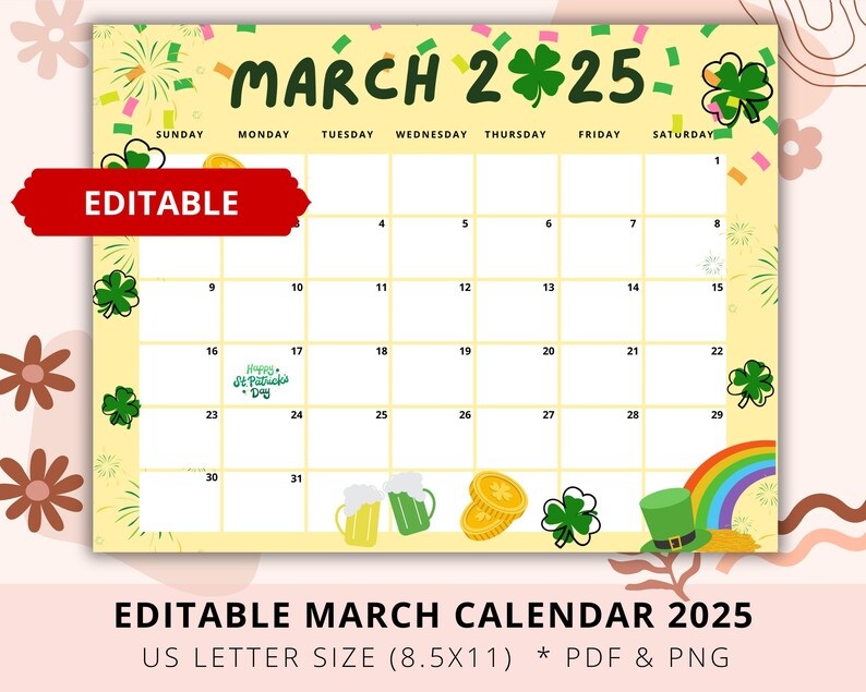 Editable March 2025 Monthly Calendar, St Patrick’s Day 2025, Planner ...