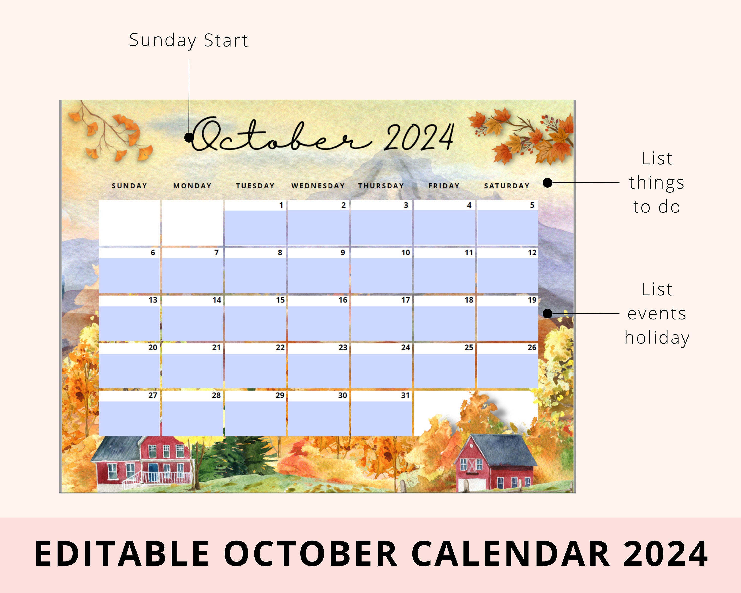Editable October 2024 Calendar Printable, Nature Watercolor, Holiday ...
