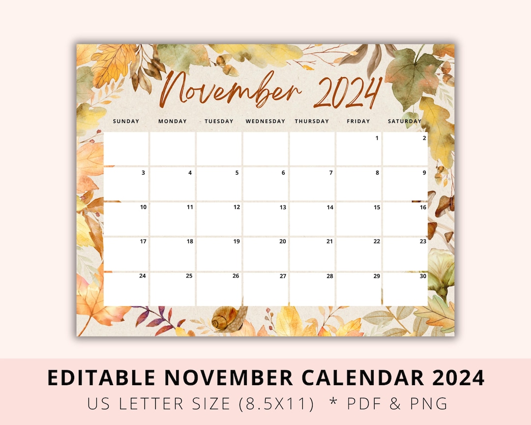 Editable Thanksgiving 2024 Calendar, November 2024 Calendar, Autumn ...