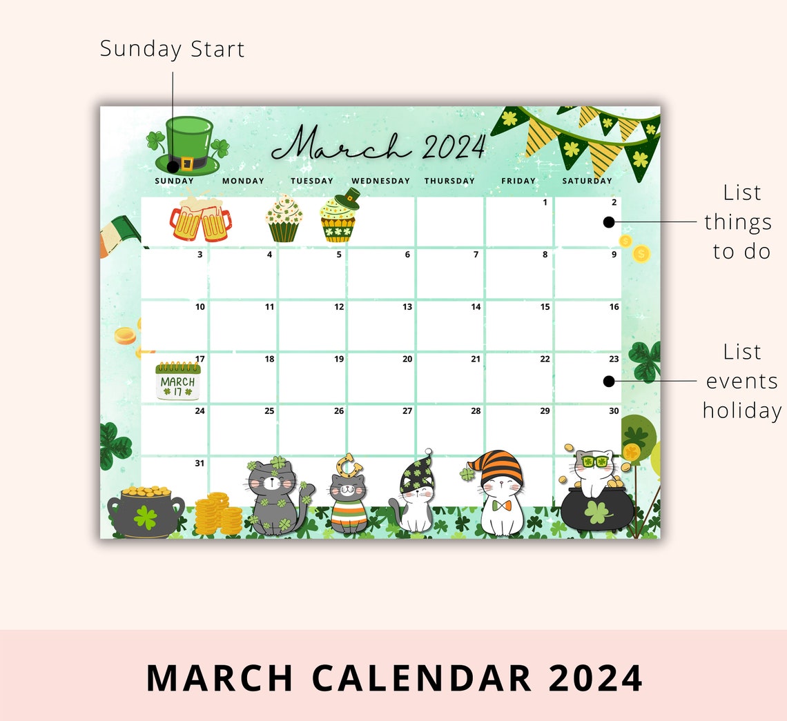 Editable March 2024 Calendar St Patrick Cat Lover (Download Now) - Etsy