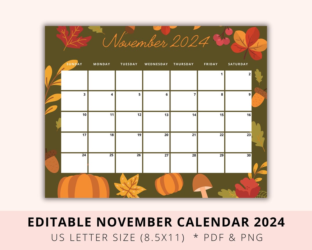 Editable Thanksgiving 2024 Calendar, November 2024 Calendar, Autumn ...