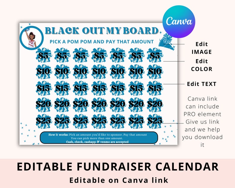Editable Cheerleading Pick a Date to Donate, Cheer Black Out My Board ...