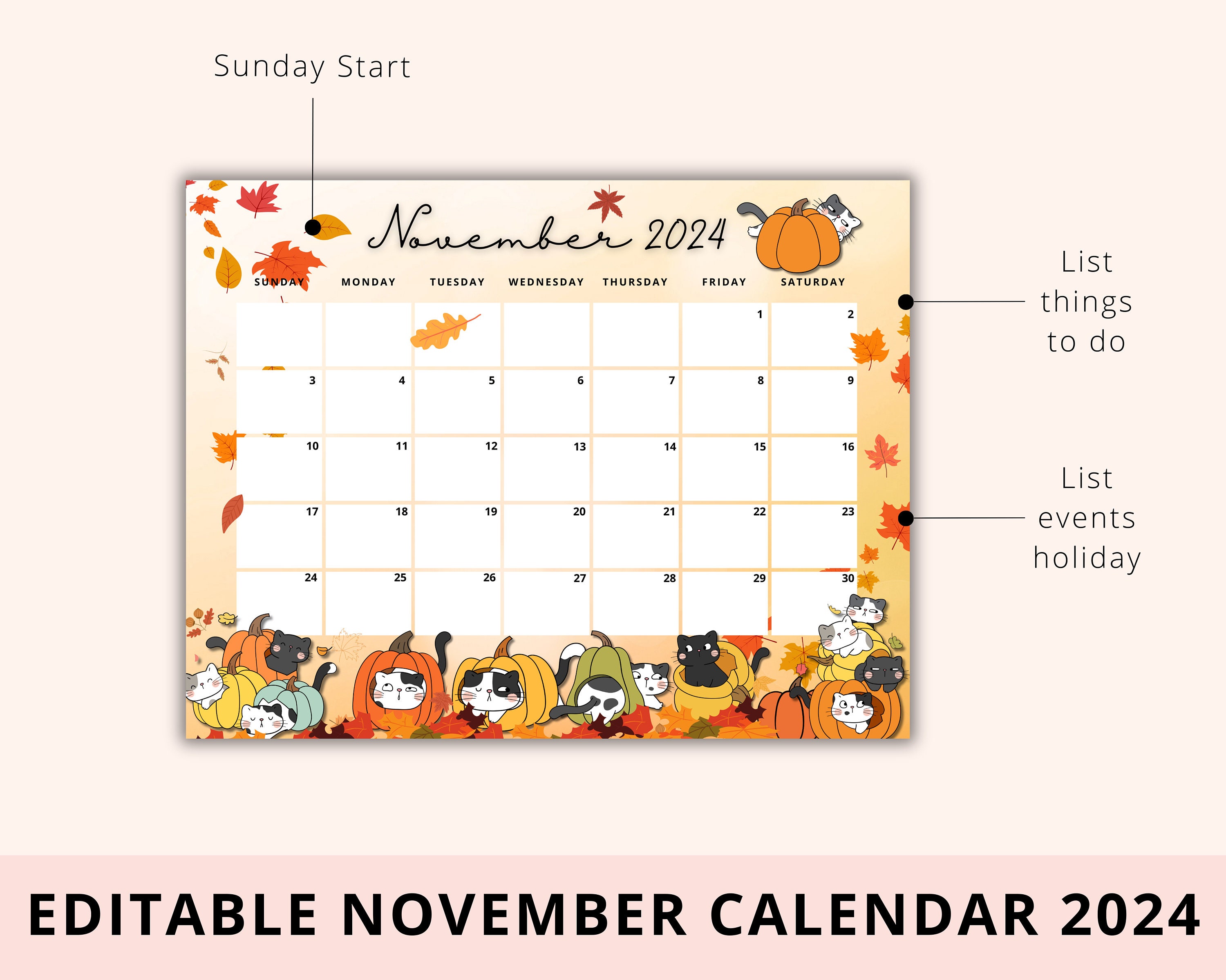 Editable Thanksgiving 2024 Calendar, November 2024 Calendar, Autumn ...