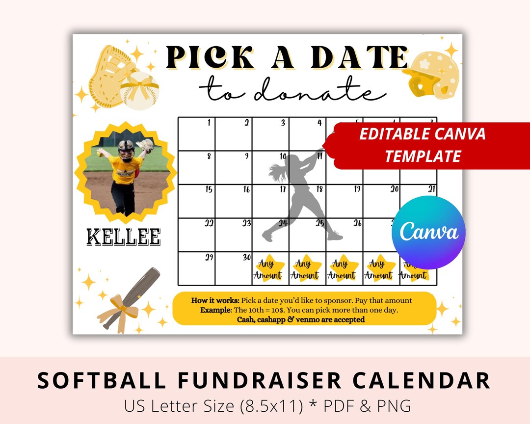 Editable Softball Black Out My Board, Yellow Theme, Pick a Date to ...