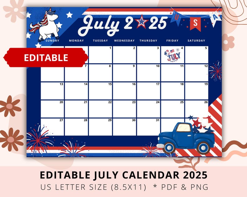 Editable July 2025 Calendar Printable, July Independence Holiday 2025 ...