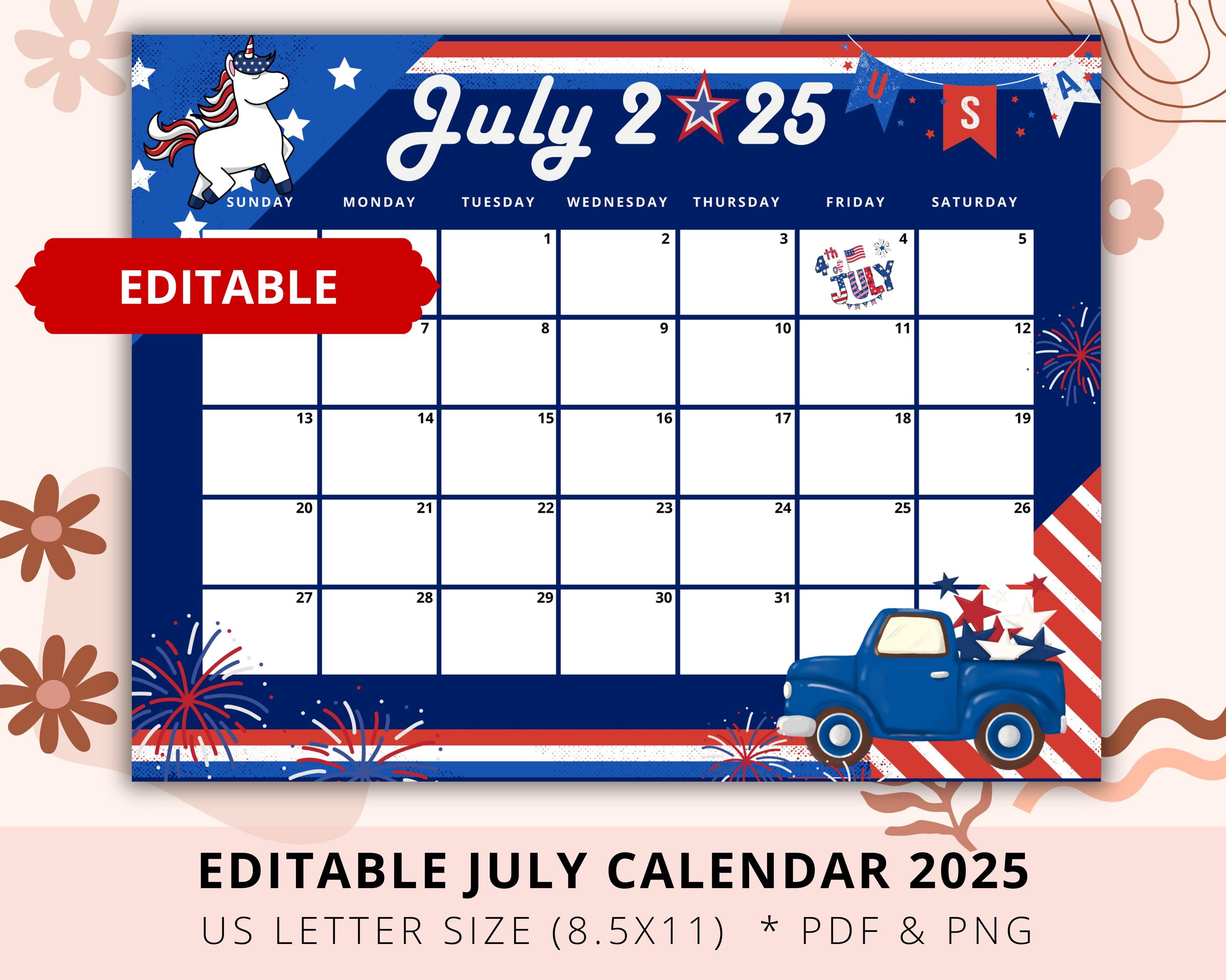 Editable July 2025 Calendar Printable, July Independence Holiday 2025 ...