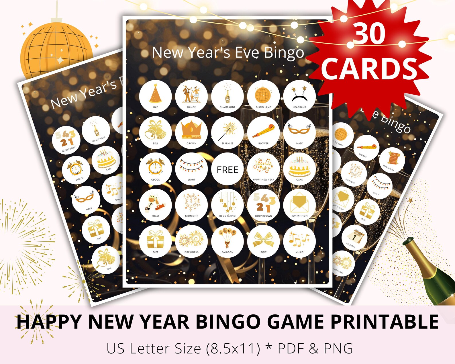 Happy New Year Bingo Game, Year-end Party, New Year's Eve Game to Break ...