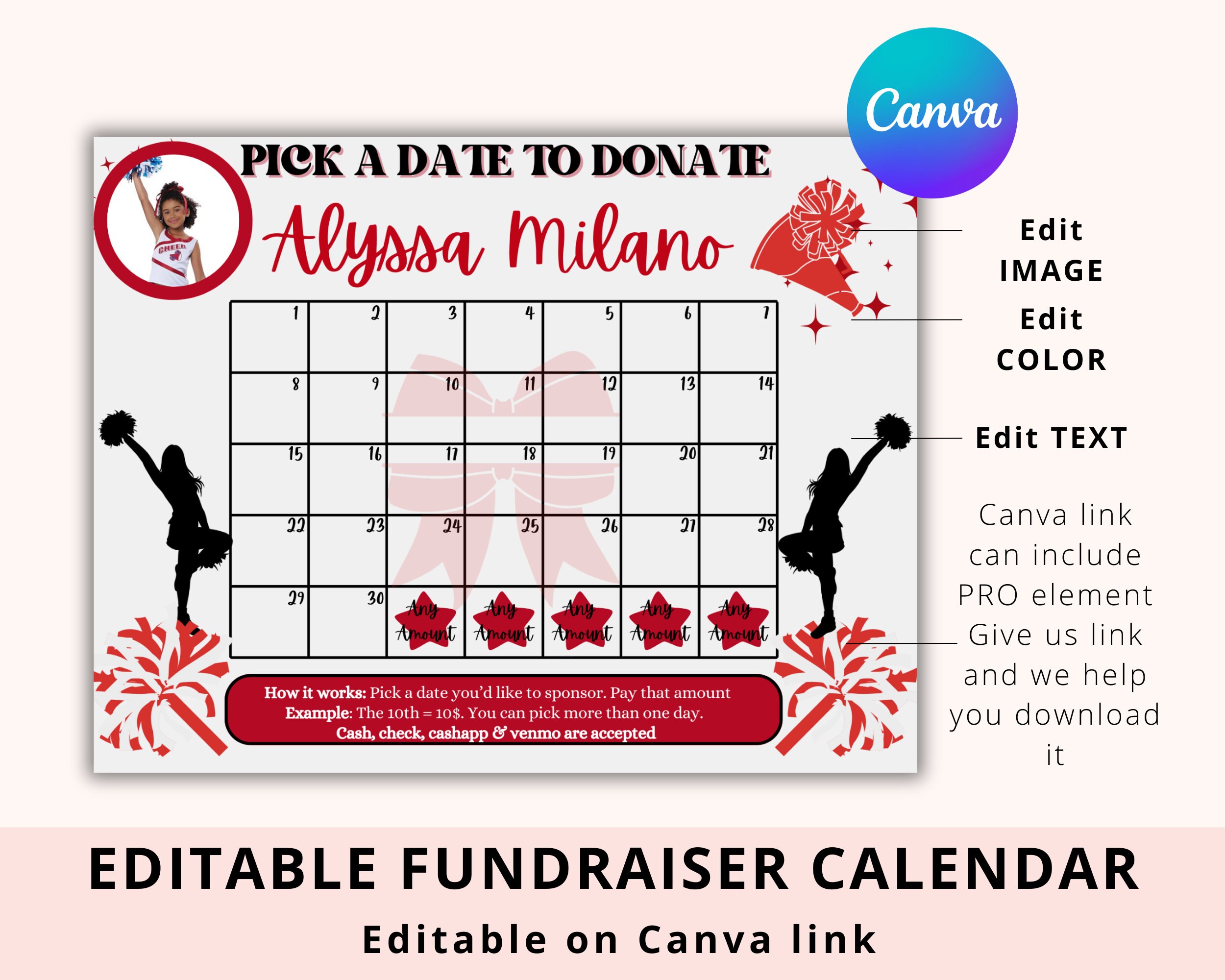 Editable Canva Template, Cheer Template Pick a Date, Cheer Fundraiser ...