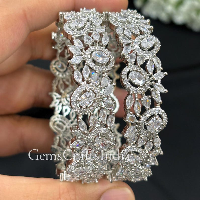 Set of 2 CZ Stone Bangle Bracelets, American Diamond Bangles, Silver ...
