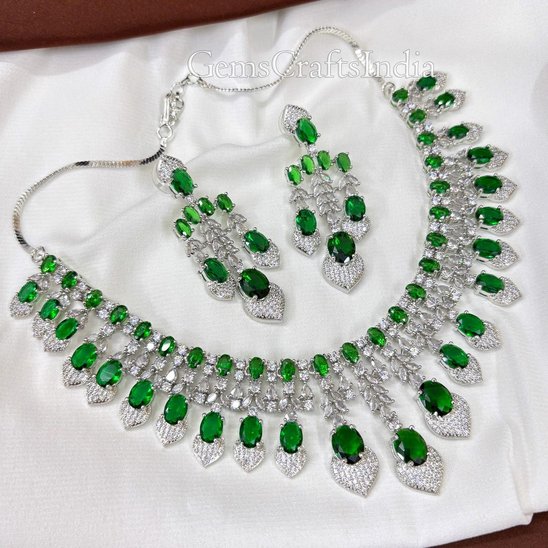 CZ Green Diamond Necklace/ Silver Finish AD Necklace Set/american ...