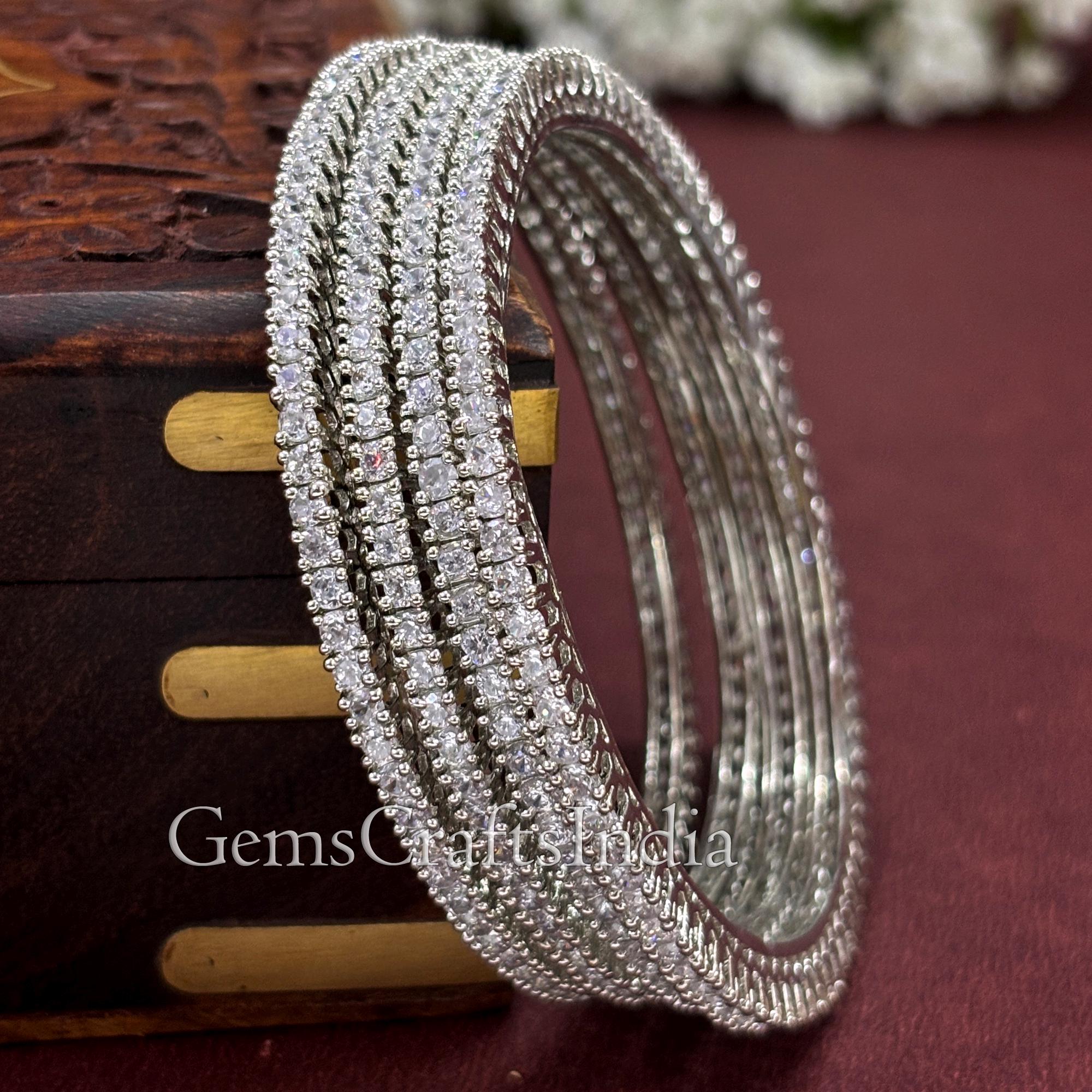 Indian Silver American Diamond Bangles White Emerald Diamond Silver Bangle CZ Diamond Bangles Cubic Zirconia Bangles Jewelry Pack of 4 Pcs