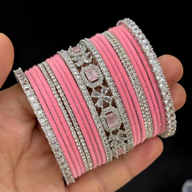 Indian Velvet Metal Bangle Set, American Diamond Bangle Set, Pink CZ ...