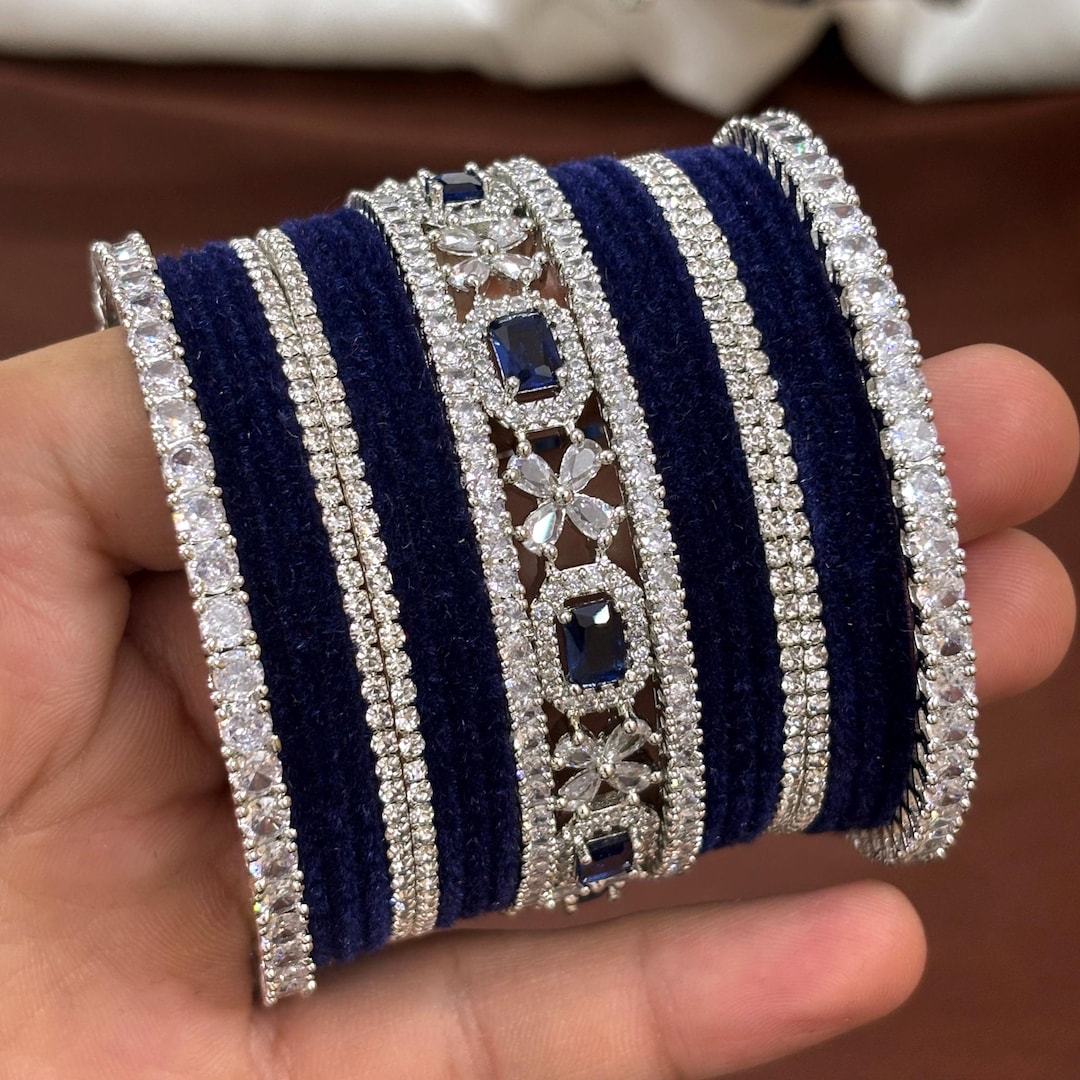 Velvet CZ Diamond Bangle Set, Silver American Diamond Bangle, Indian ...