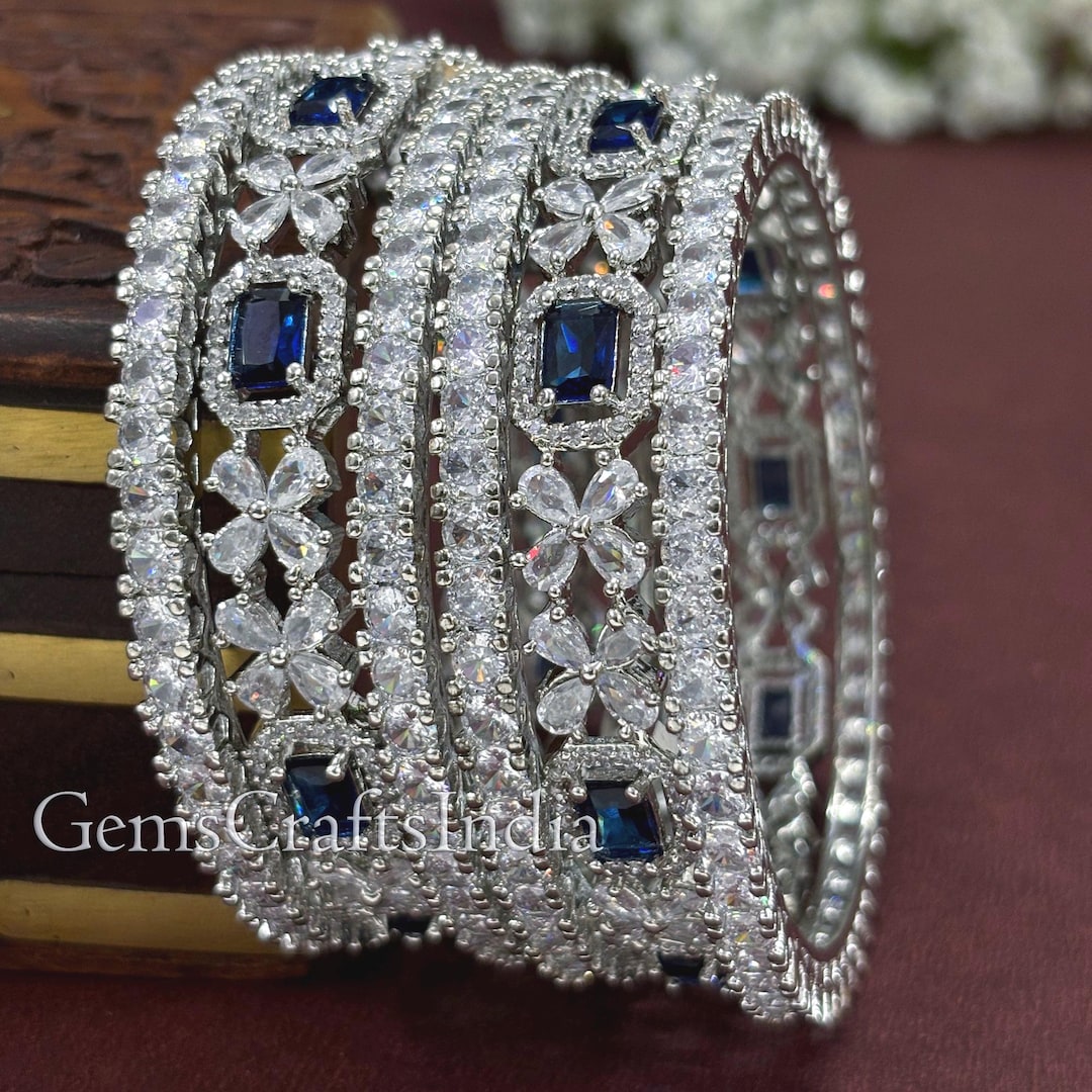 Silver American Diamond Bangles/blue Emerald Diamond Silver Bangle ...