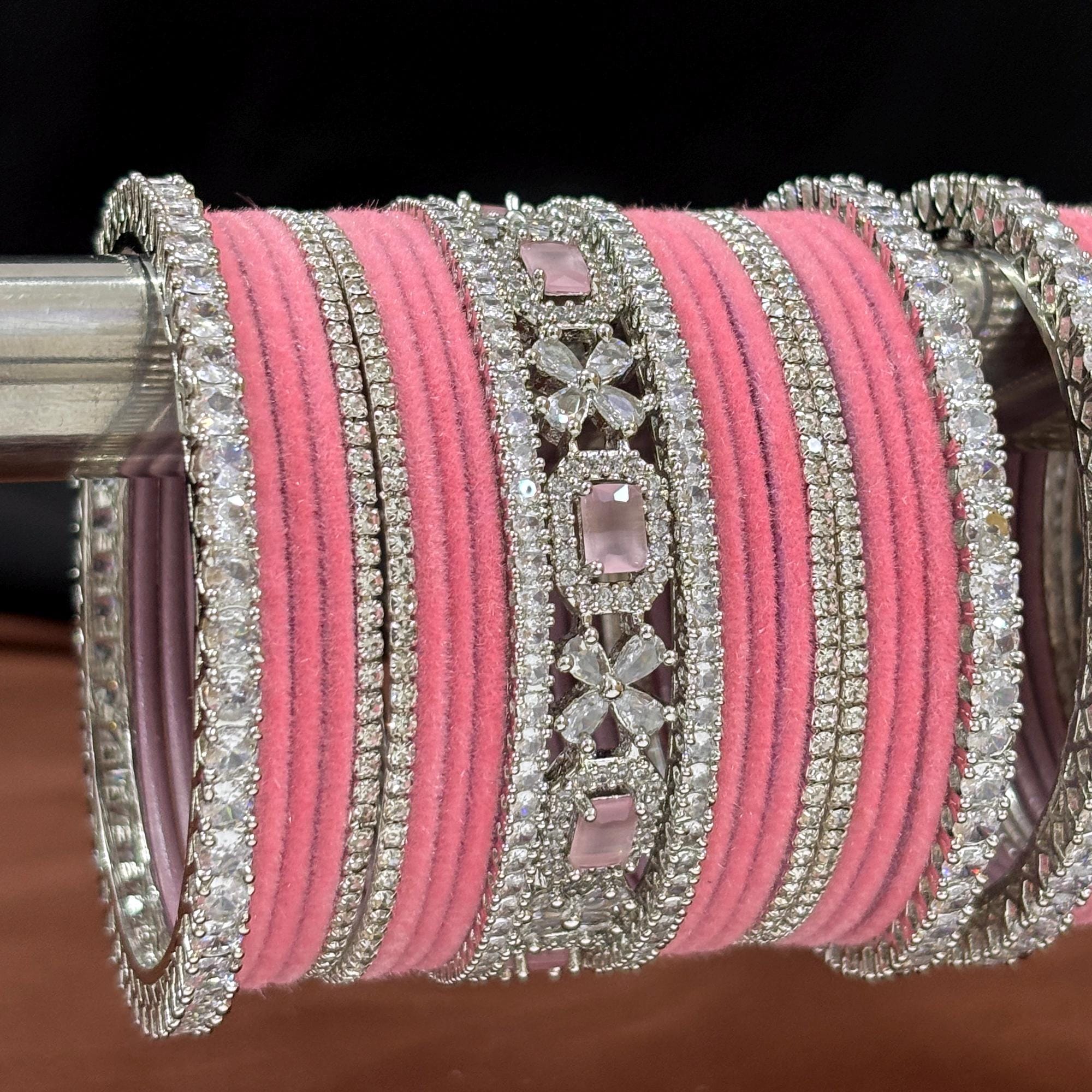 Indian Velvet Metal Bangle Set, American Diamond Bangle Set, Pink CZ ...
