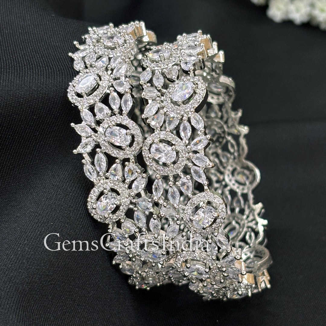 Set of 2 CZ Stone Bangle Bracelets, American Diamond Bangles, Silver ...