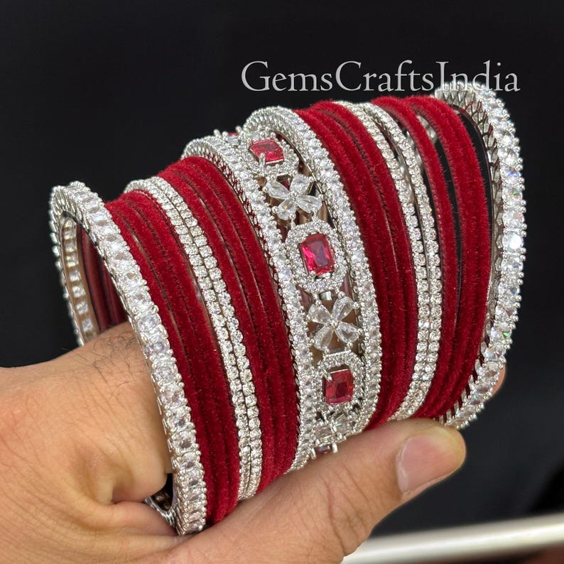 Velvet Metal Bangle Set, American Diamond Bangle Set, Indian Bangle CZ ...