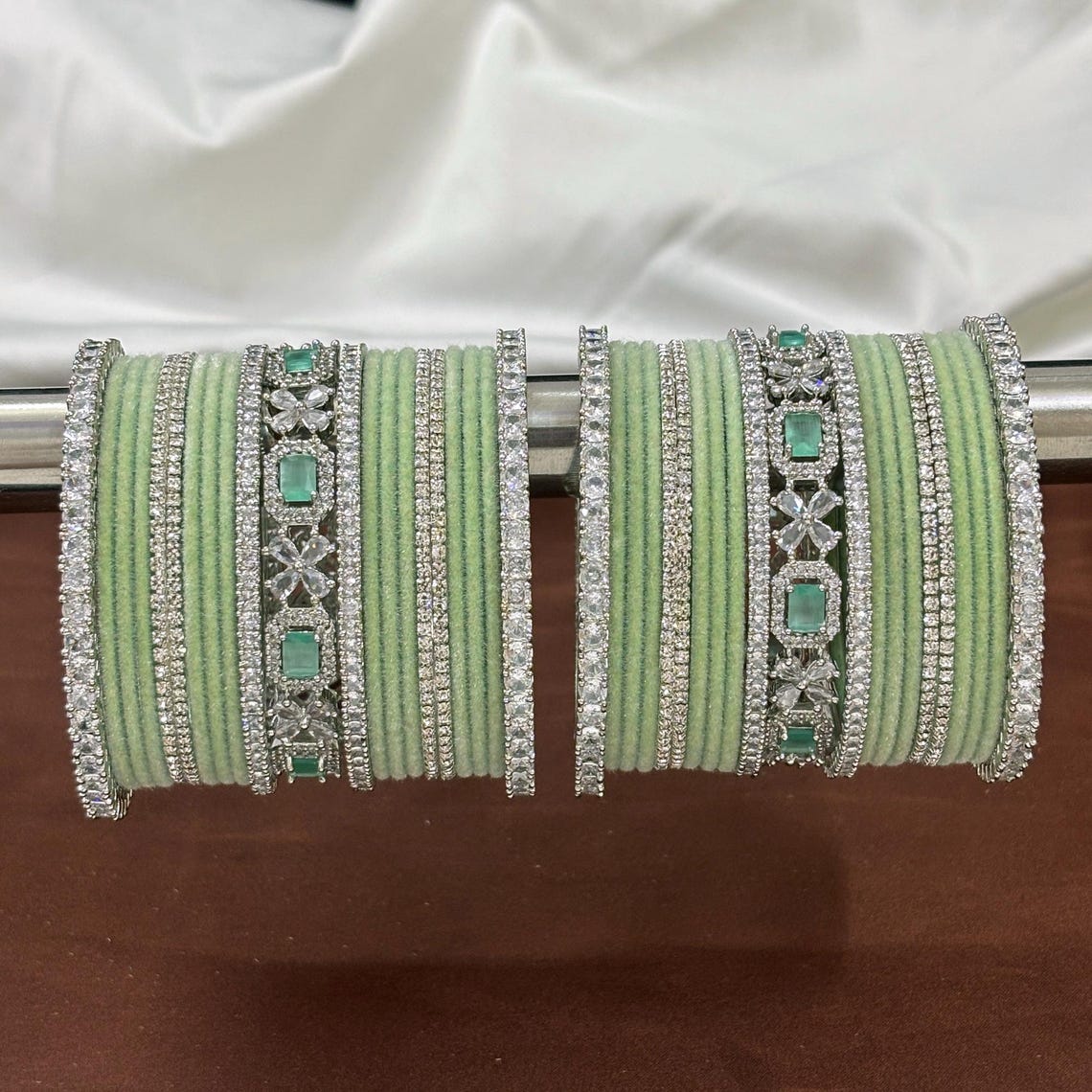 Indian Velvet Metal Bangle Set, American Diamond Bangle, Mint Green CZ ...