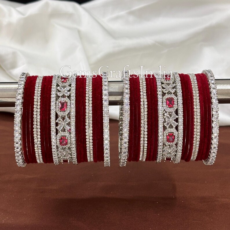 Velvet Metal Bangle Set, American Diamond Bangle Set, Indian Bangle CZ ...