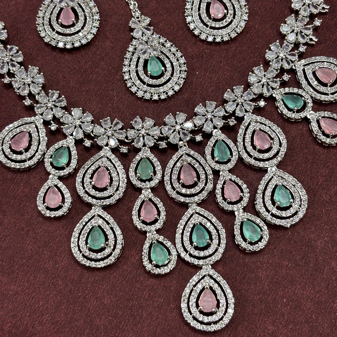 American Diamond Necklace Set/ Indian Silver Finish AD Necklace Set/cz ...