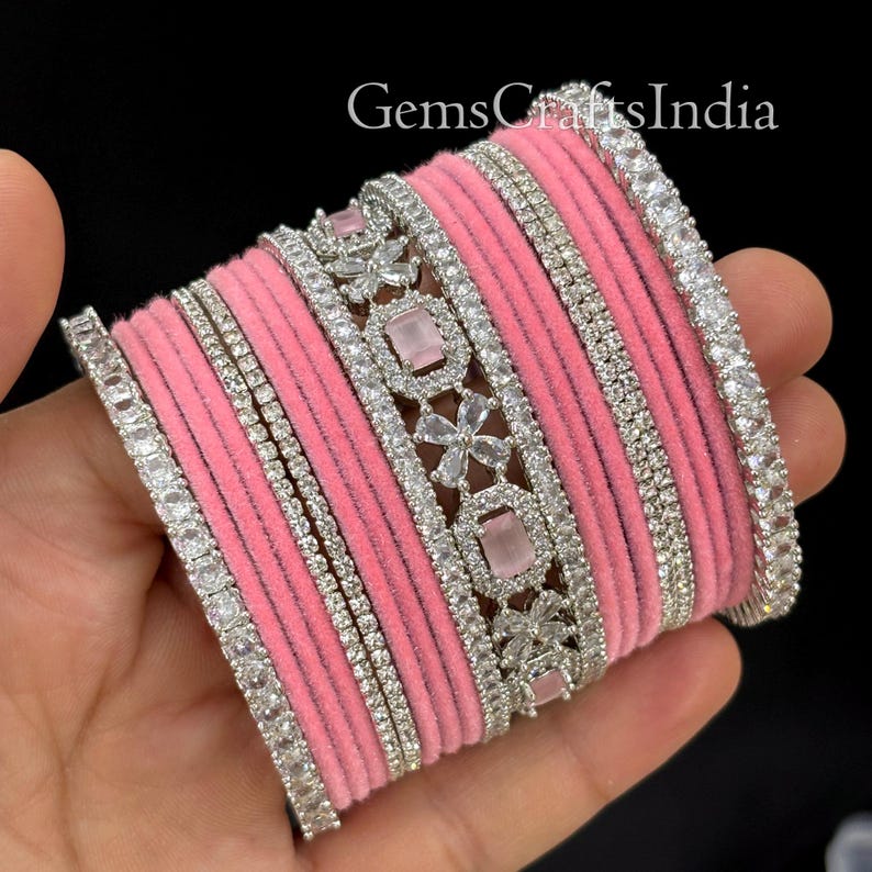 Velvet CZ Diamond Bangle Set, Silver American Diamond Bangle, Indian ...