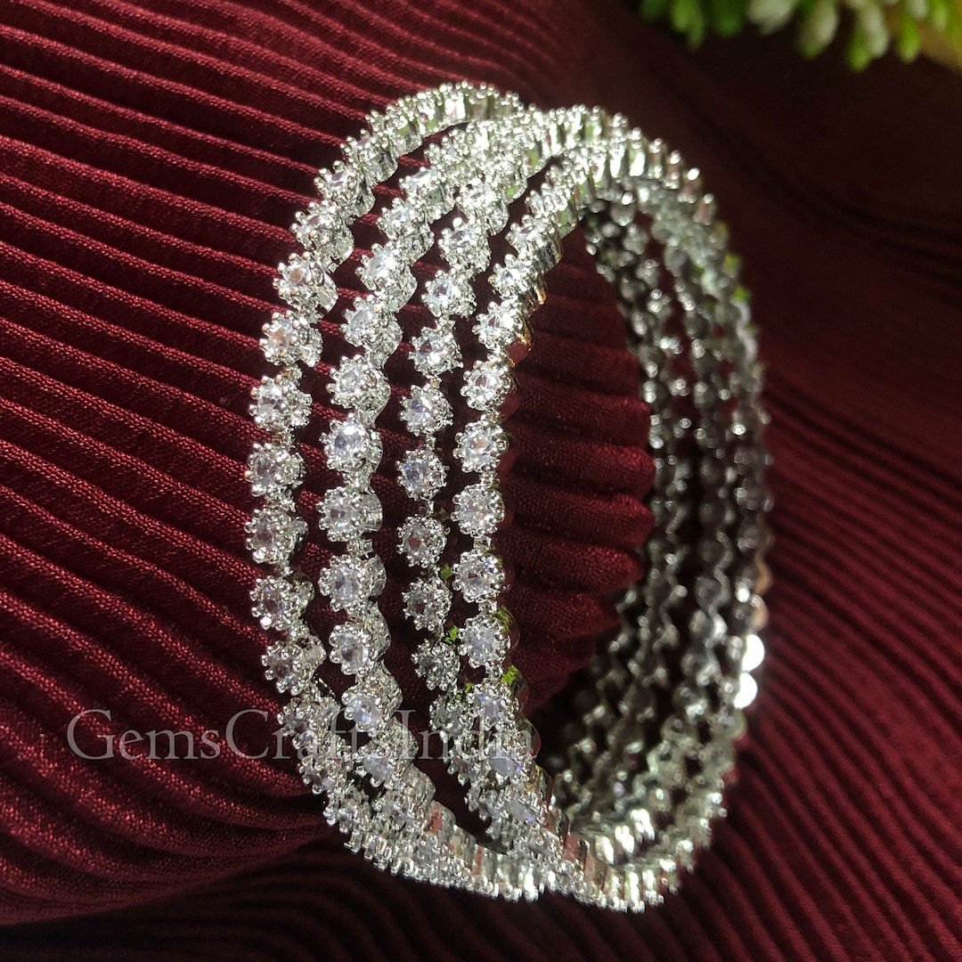 Indian Silver American Diamond Bangles/ White Emerald Diamond Silver Bangle/ Set of 4 CZ Diamond ...