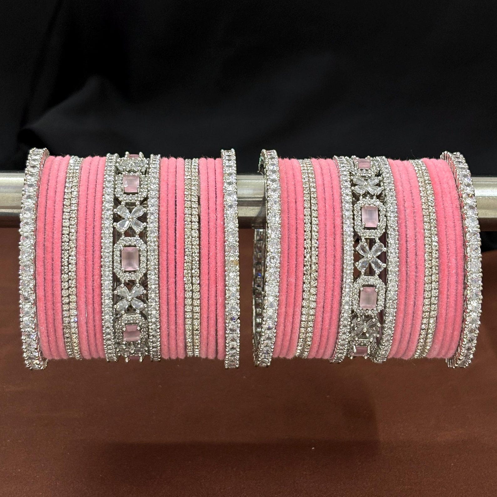 Indian Velvet Metal Bangle Set, American Diamond Bangle Set, Pink CZ ...