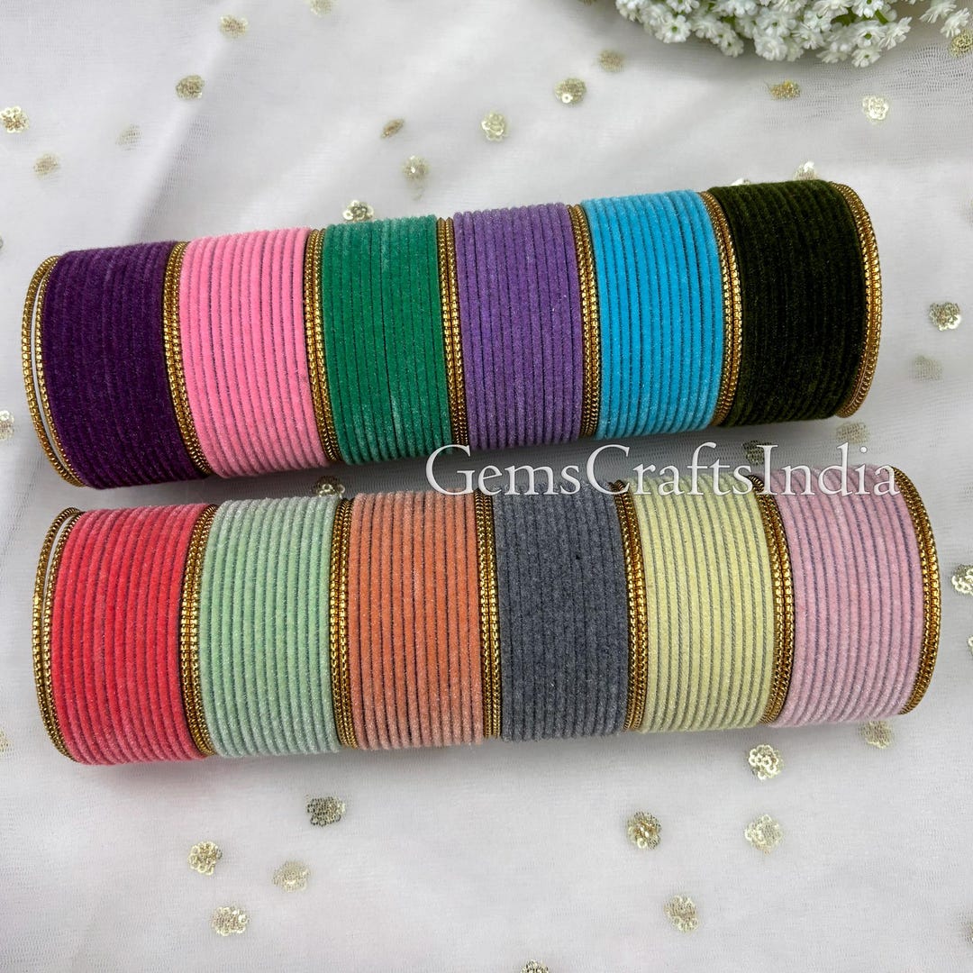 Indian Velvet Metal Bangle/ Indian Bangles /festive 12 Colorful Bangle ...