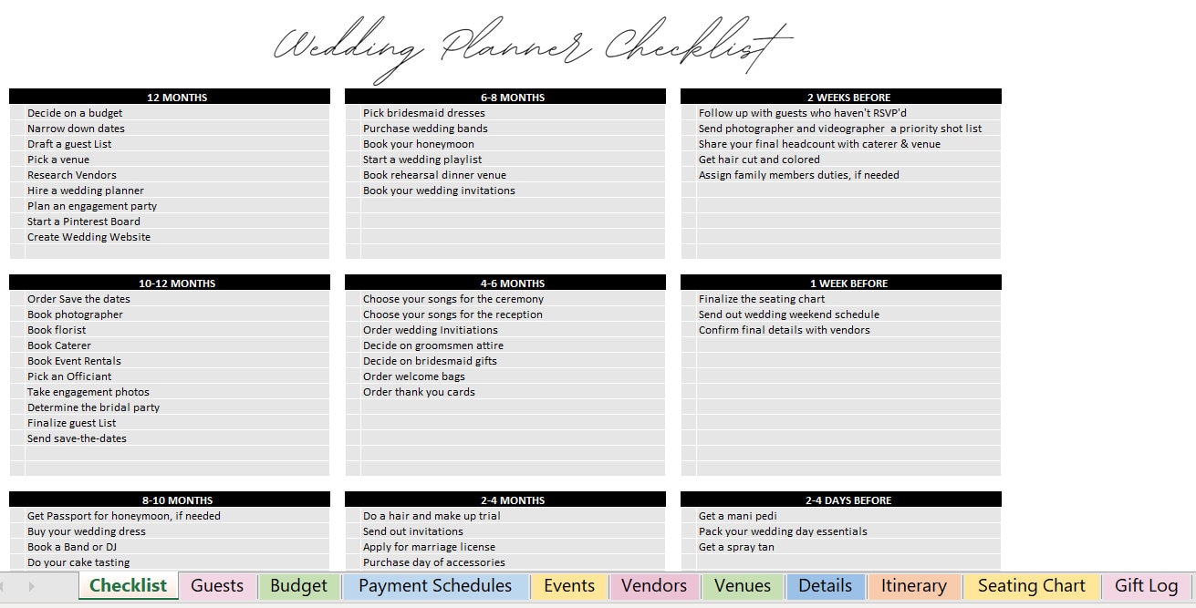 Hochzeit Planung Vorlage Deluxe Excel Tabelle | Etsy