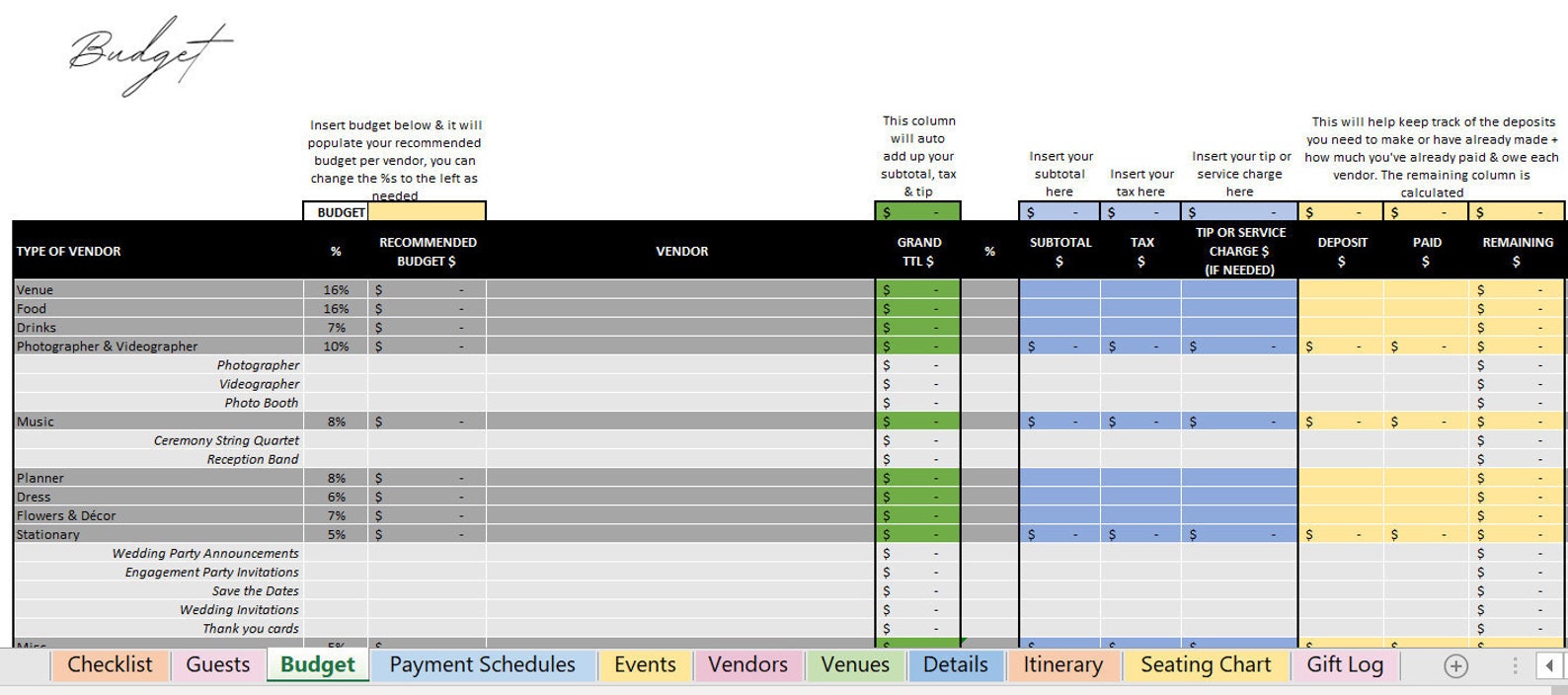 Hochzeit Planung Vorlage Deluxe Excel Tabelle | Etsy