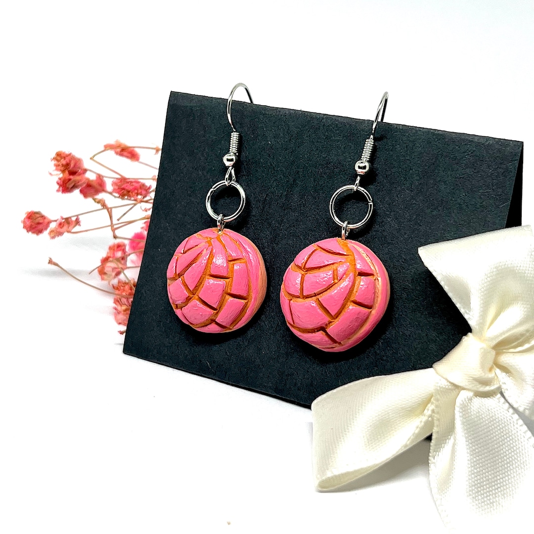 Strawberry Pink Concha Clay Earrings Dangle Sweetbread Handpainted Food ...