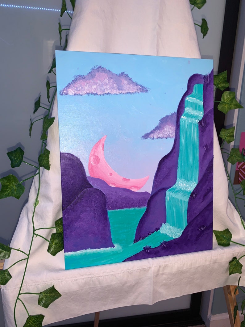 Moon Setting Behind Waterfalls Wall Art - Etsy