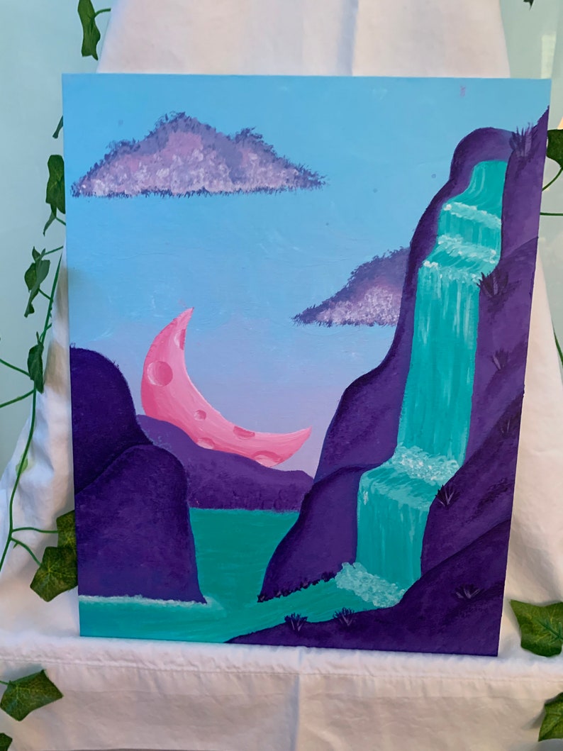 Moon Setting Behind Waterfalls Wall Art - Etsy