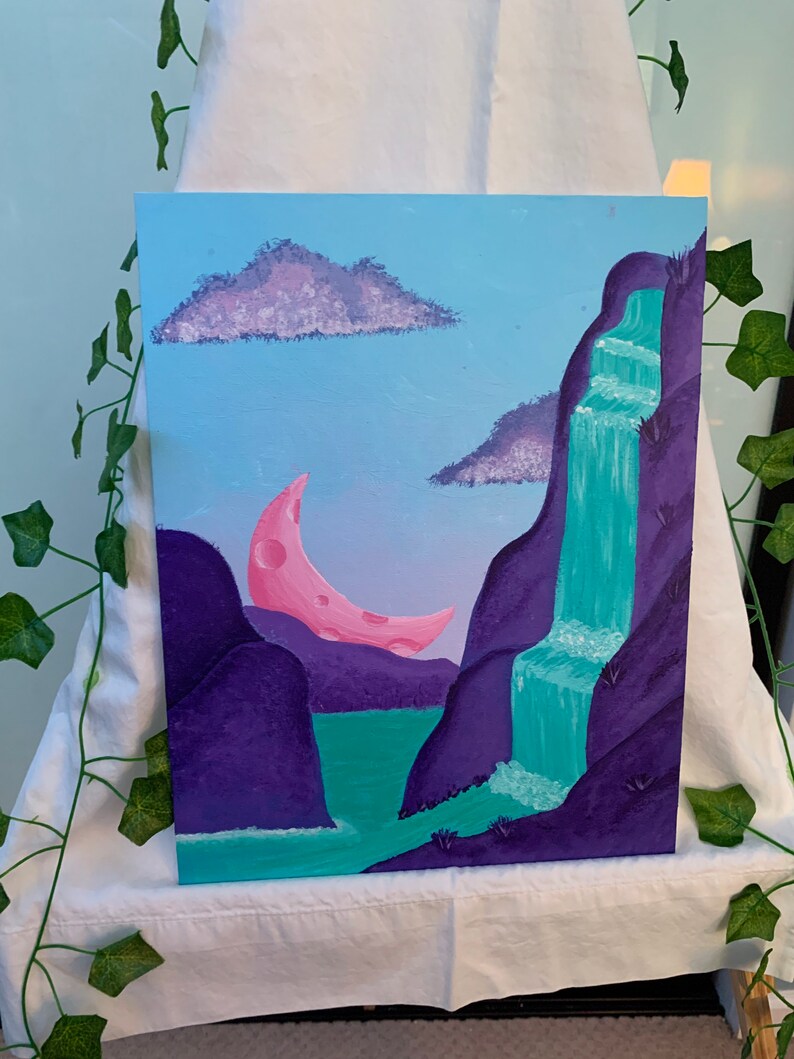 Moon Setting Behind Waterfalls Wall Art - Etsy
