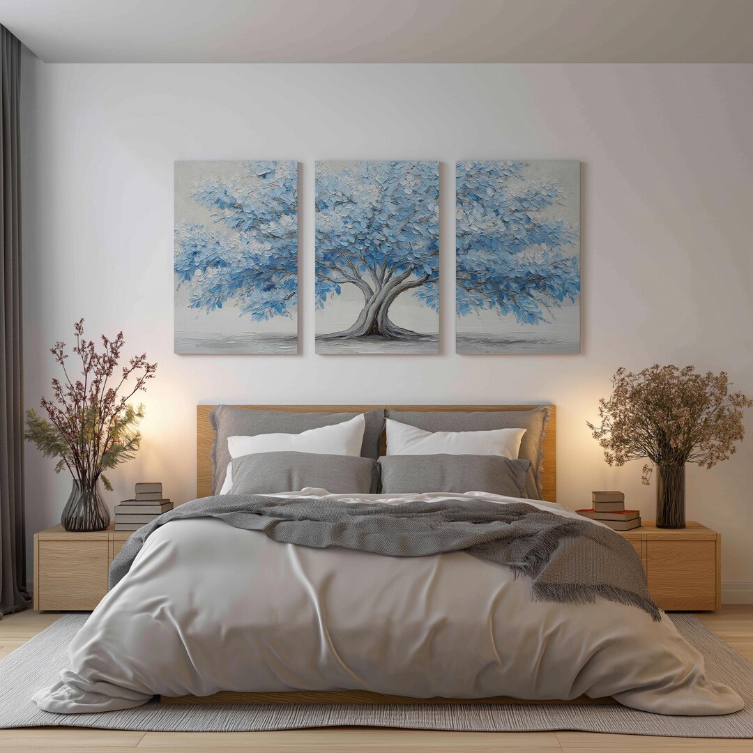 Abstract Blue Tree Painting, 3 Panels Canvas Wall Art Print – High ...