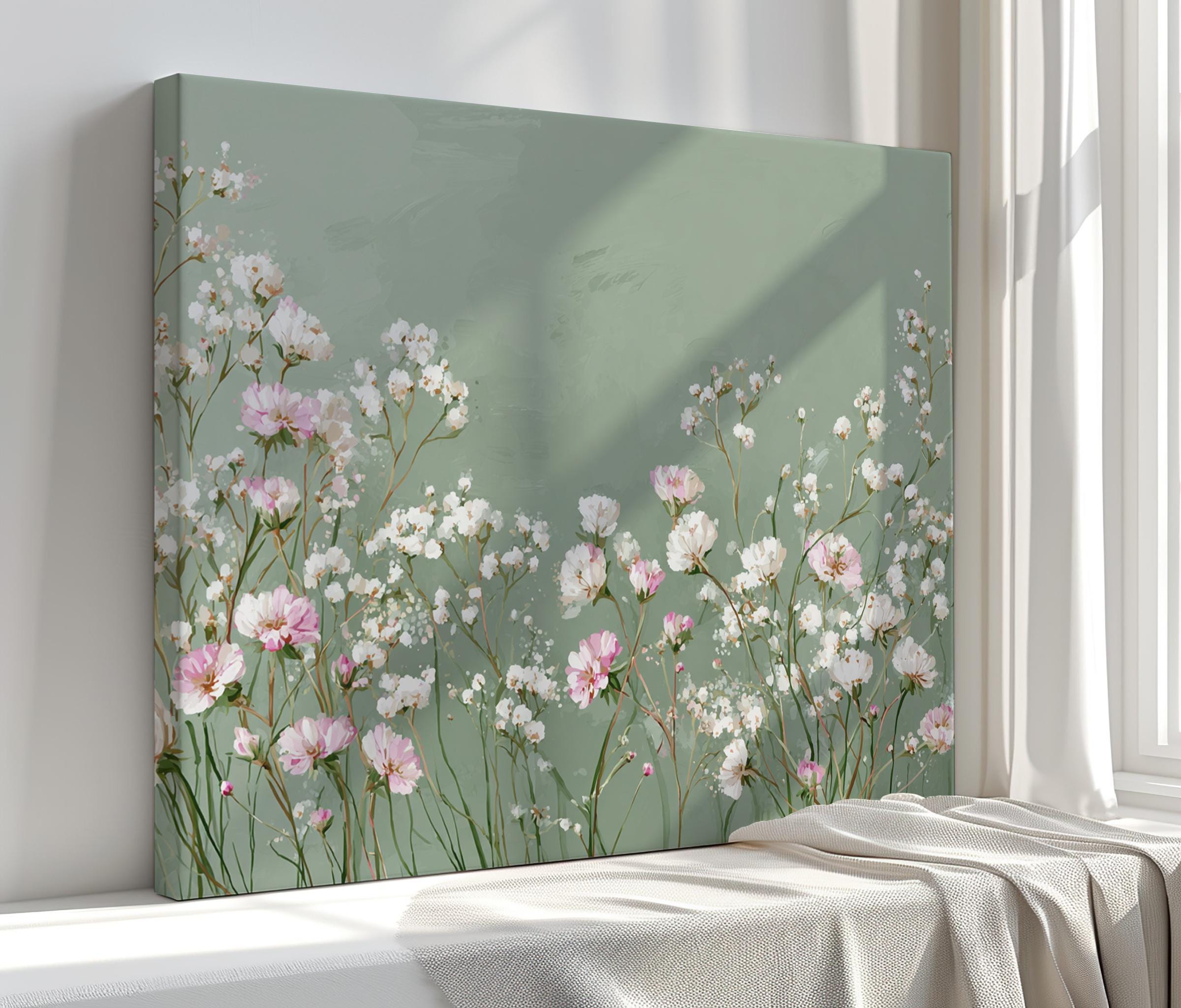 Pink White Flowers, Sage Green Canvas Print Wall Art – Modern Wall ...