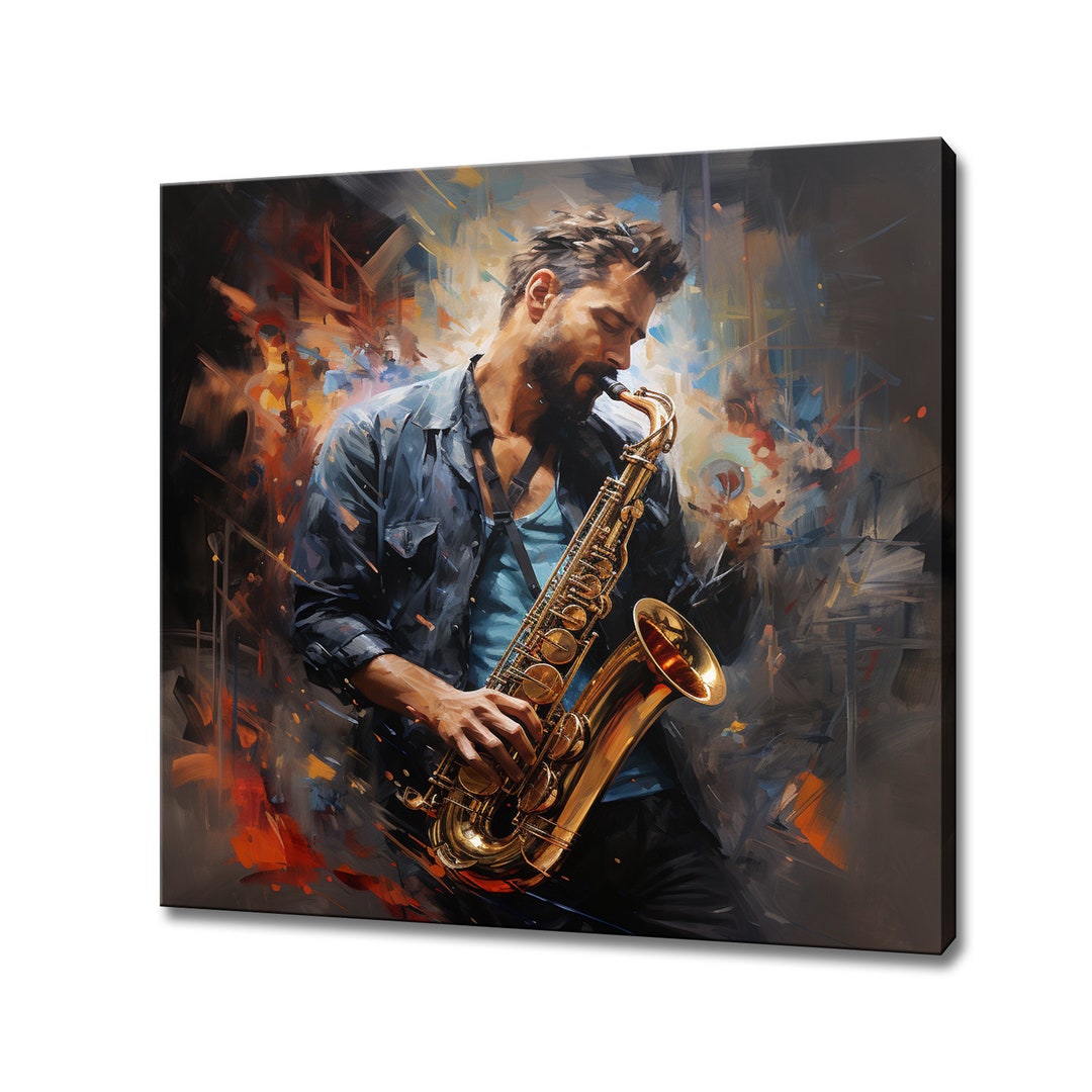 Saxophone Player Oil Painting Style Canvas Print, Musical Instrument ...