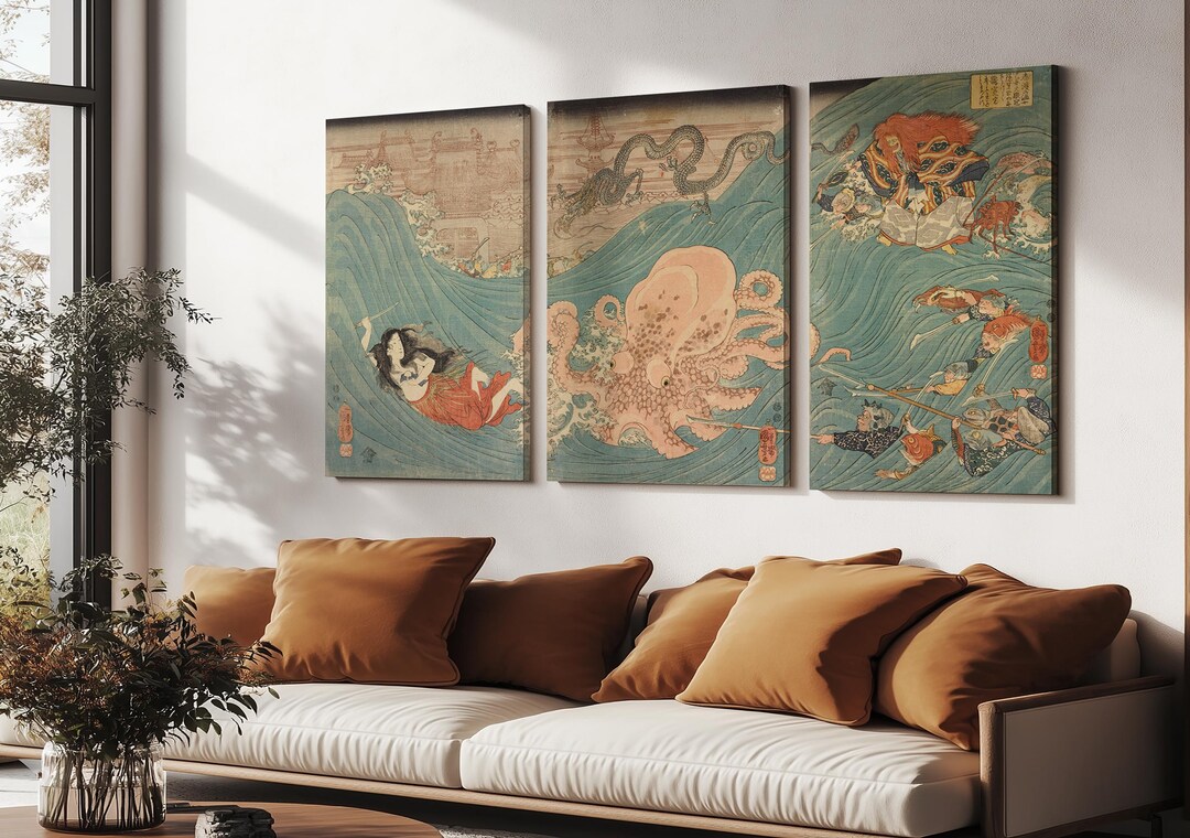 Octopus Attacking a Swimmer Japanese Ukiyo-e Canvas Print – Utagawa ...