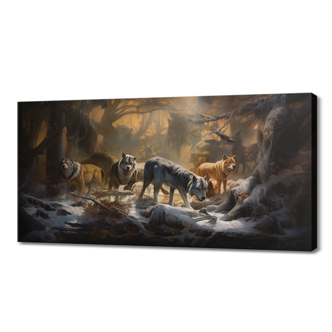 Wolf Pack in the Winter Snowy Forest Canvas Print Art | Gift for Wolf ...