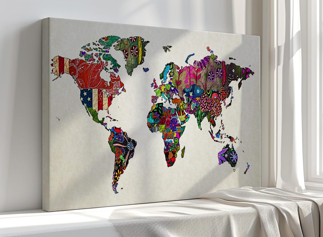 Abstract World Map Canvas Print, Colourful Wall Art, Modern Home Decor ...