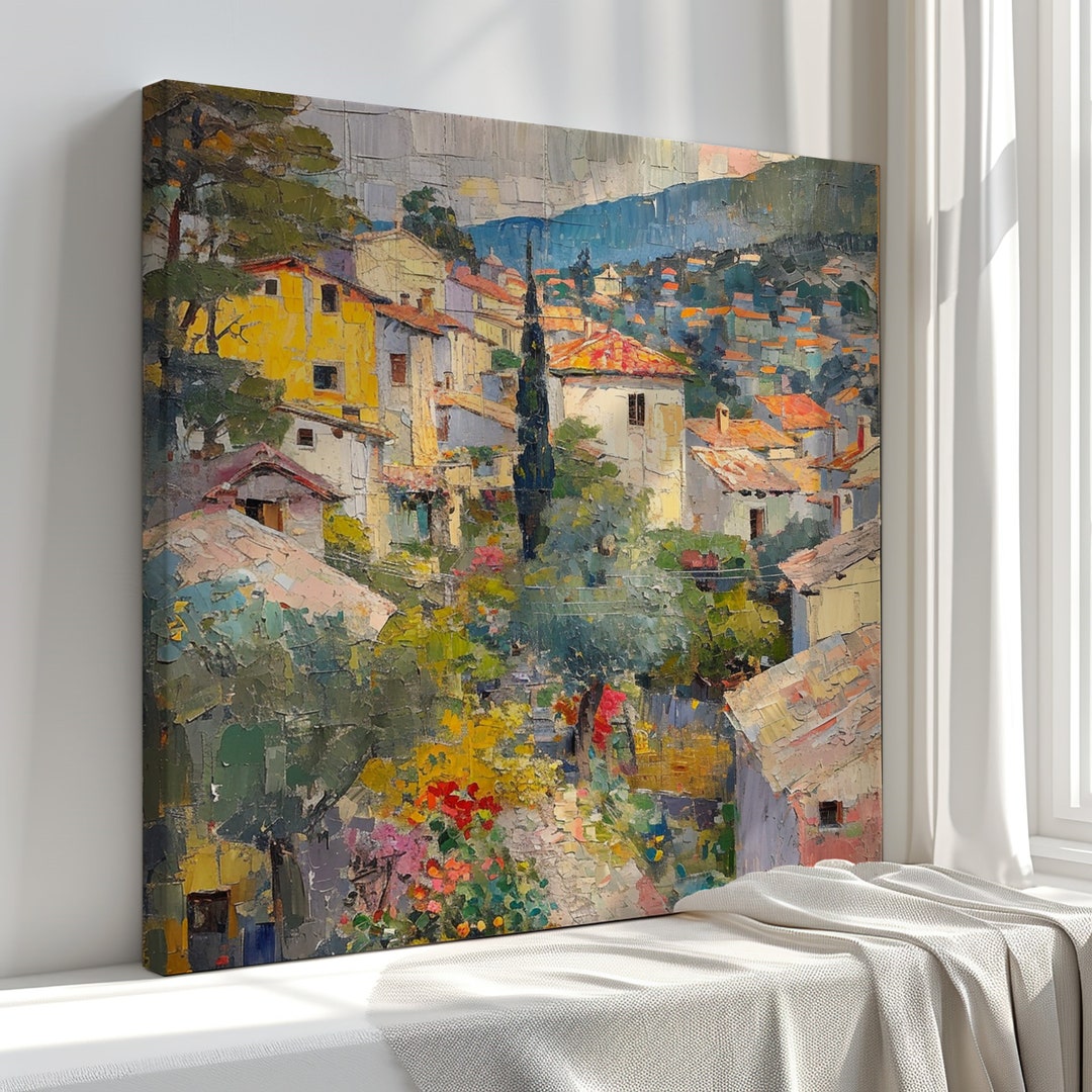 Village on the Hill Canvas Print, Colourful Handmade Gift, Wall Hanging ...
