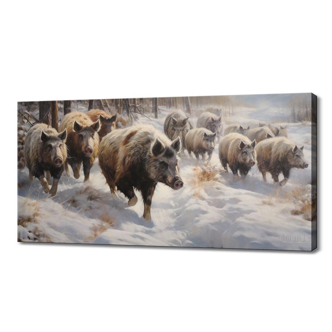 Adorable Wild Boar Family in Winter Canvas Print | Gift for Boar Lover ...