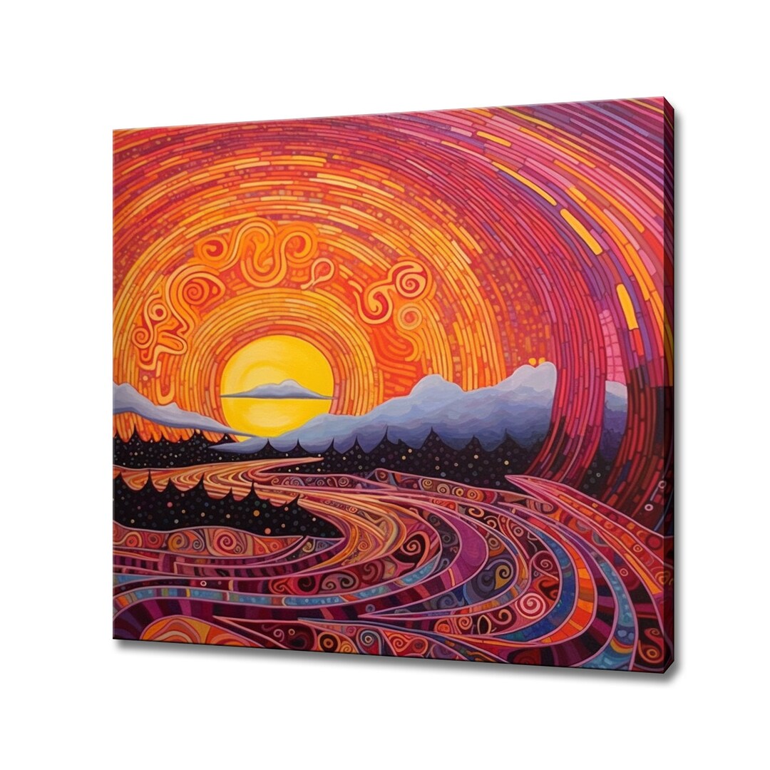 Abstract Psychedelic Landscape Sunset Mountains Painting Style Canvas ...