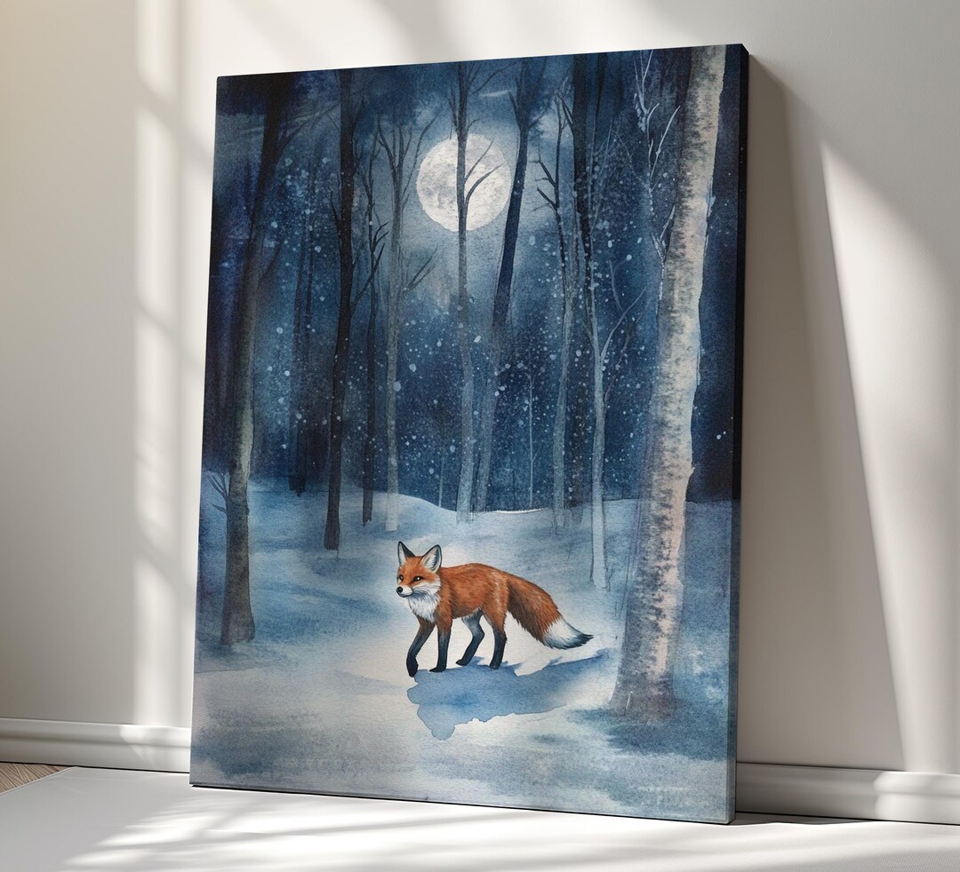 Red Fox Canvas Print in Snowy Forest Wall Art, Wildlife Painting ...