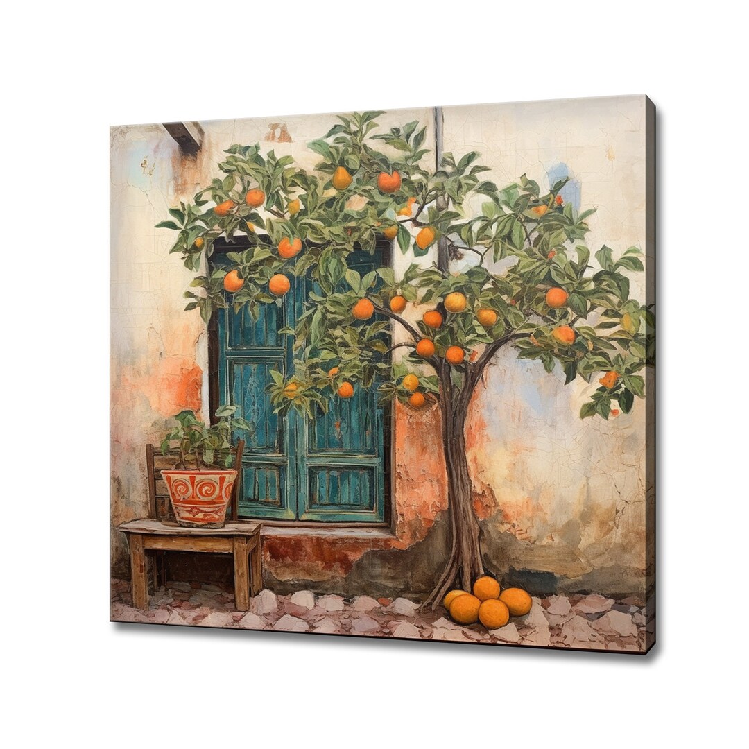 Vintage Spanish Orange Tree House Yard Oil Painting Style Canvas Print ...