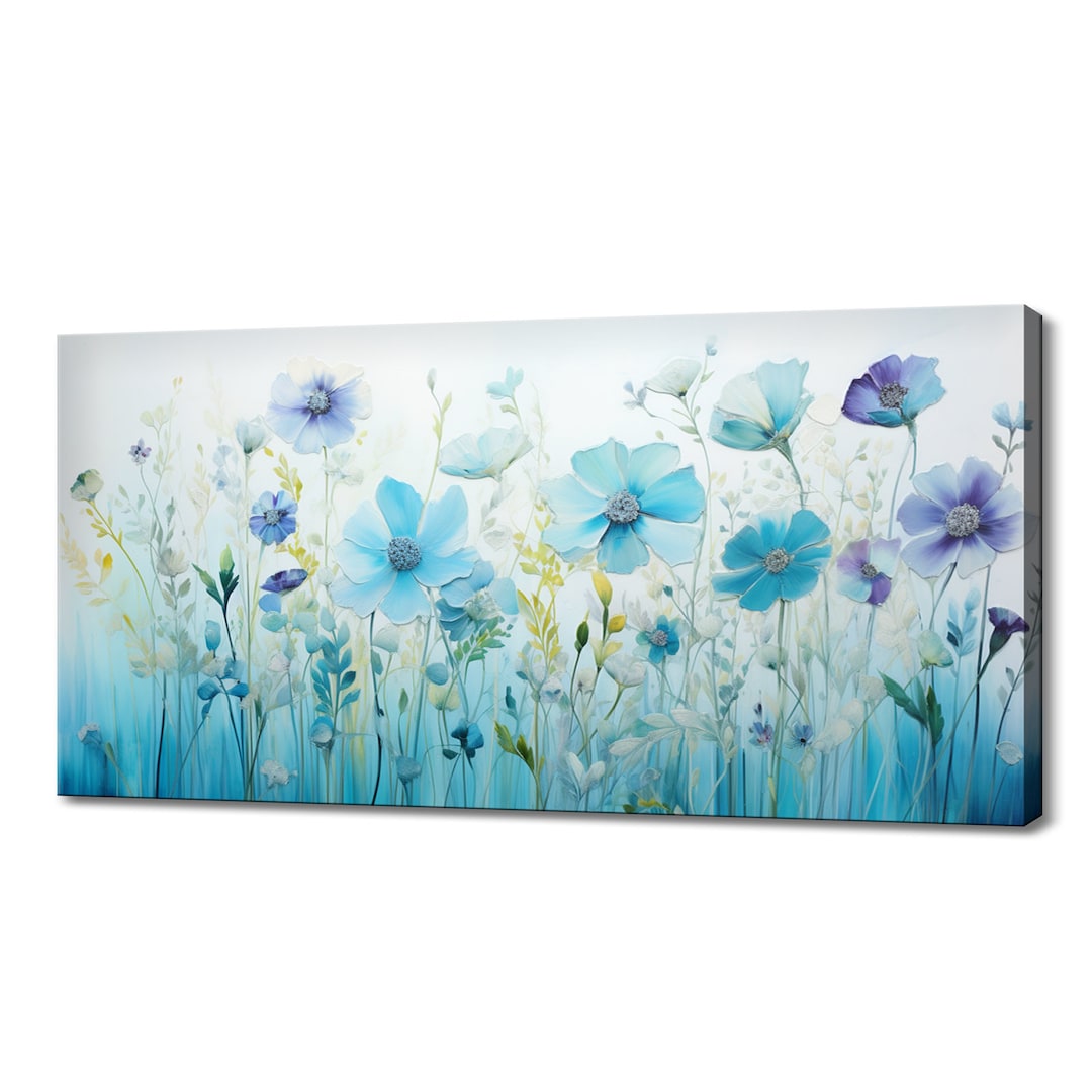 Blue Teal Wildflowers Field Art Print | Meadow Flowers Canvas Print ...