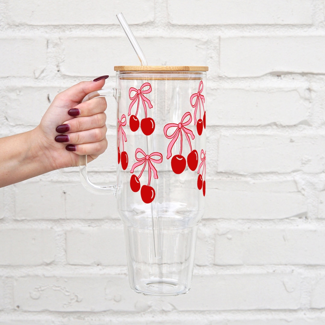 Coquette Bows and Cherries Pink Bow Cup, Coquette Tumbler Cute Bow ...
