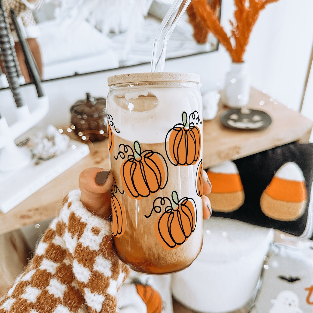 Pumpkin Glass Can Coffee Cup With Lid and Straw, Fall Coffee Mug, Fall ...