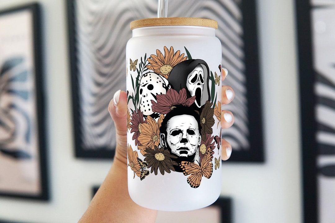 Horror Movie Character Boho Floral 16oz Glass Cup With Lid and Straw ...