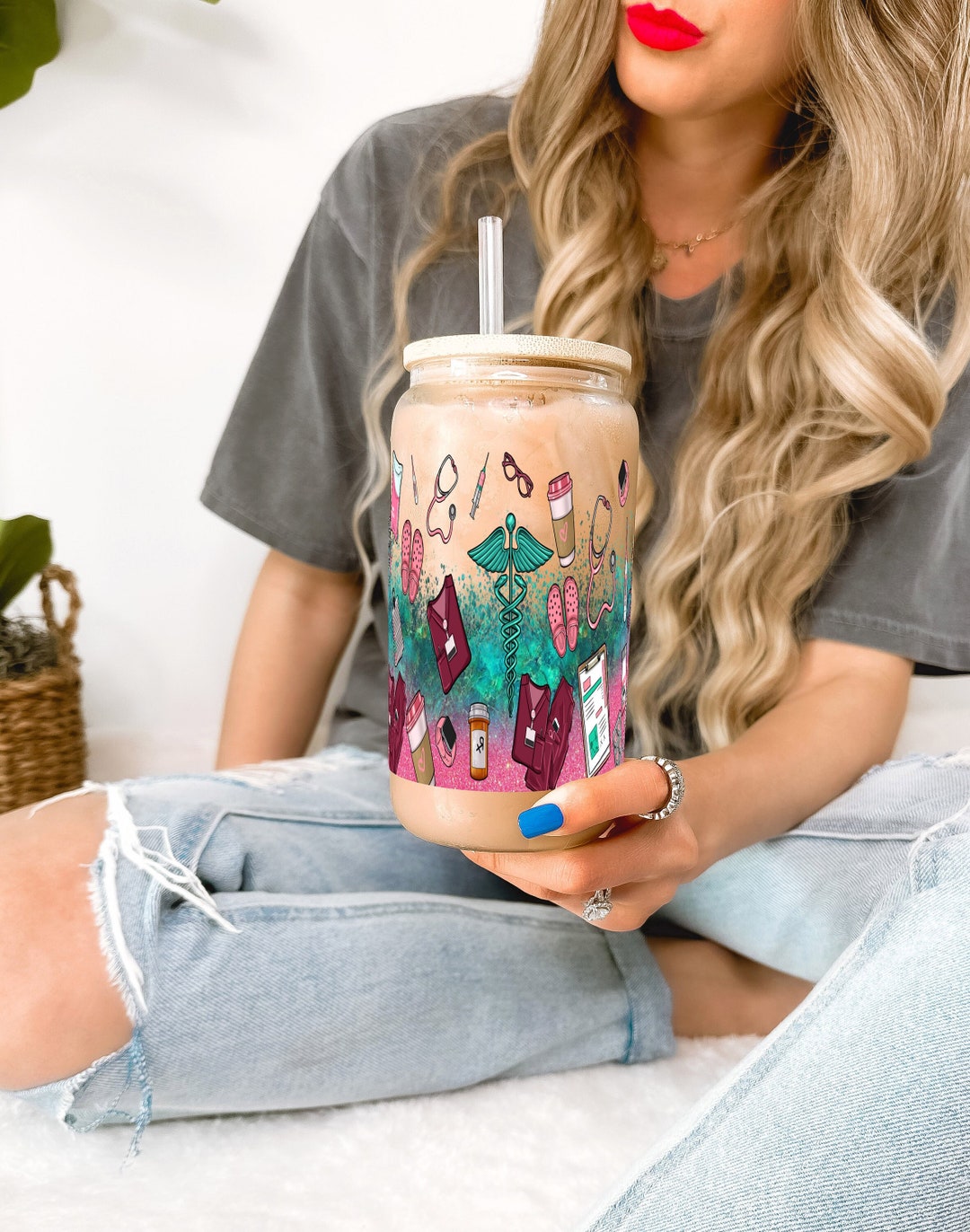 Cute Nurse Iced Coffee Glass Can Cup With Lid and Straw, Nursing ...